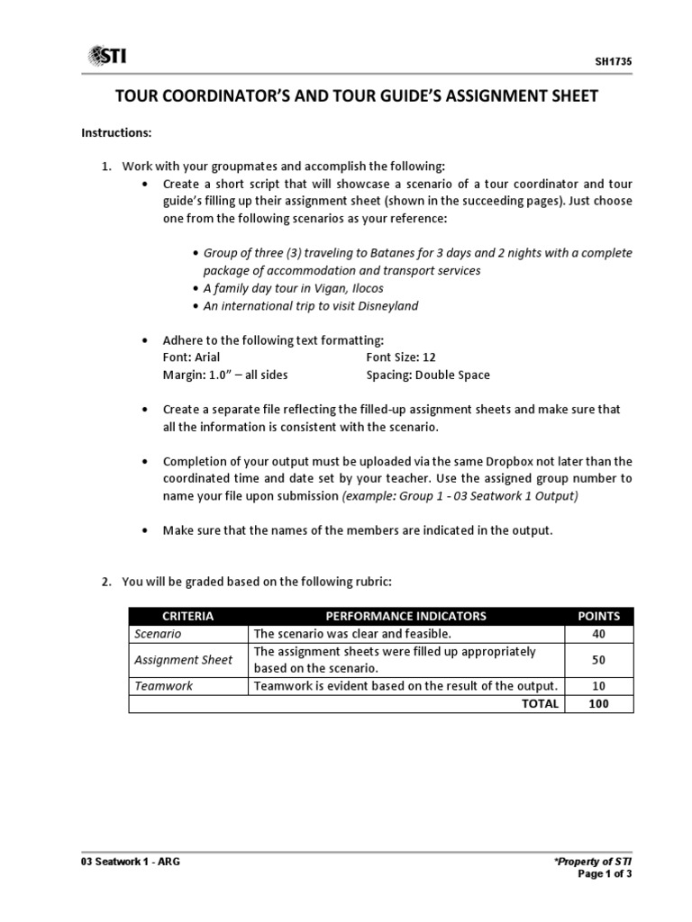 Tour Coordinator'S and Tour Guide'S Assignment Sheet: Instructions ...