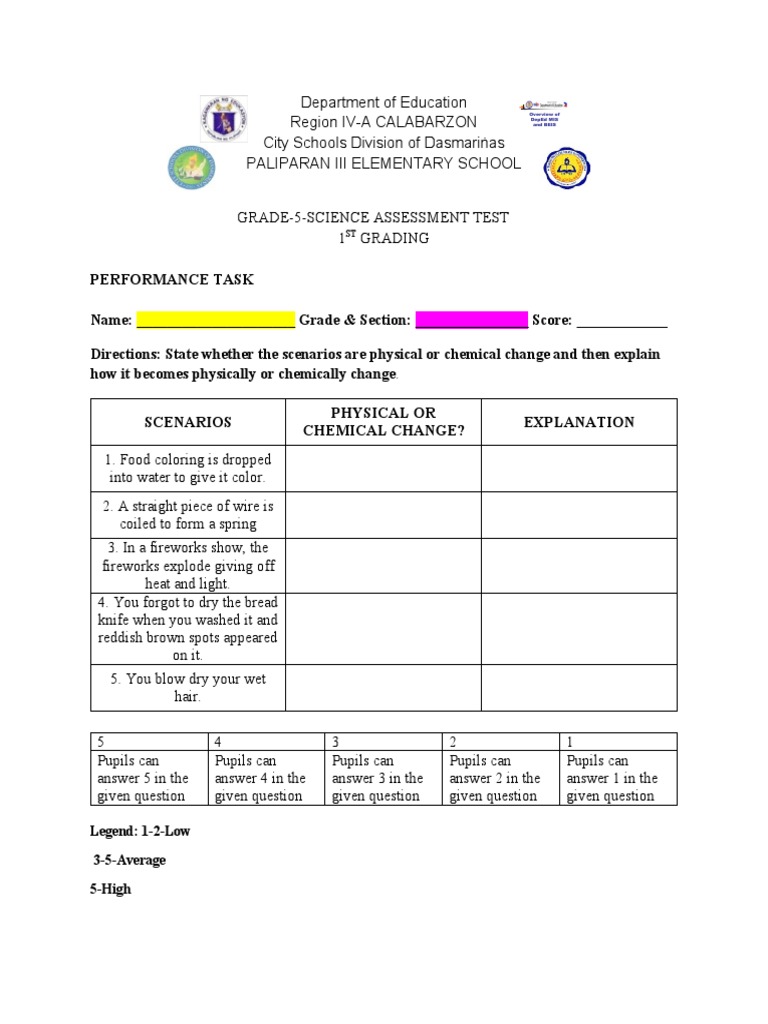 Assessment Test-Science-5 Performance Task | PDF