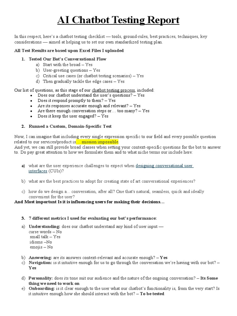Chatbot Testing Checklist and Report | PDF | Internet Bot | Systems Science