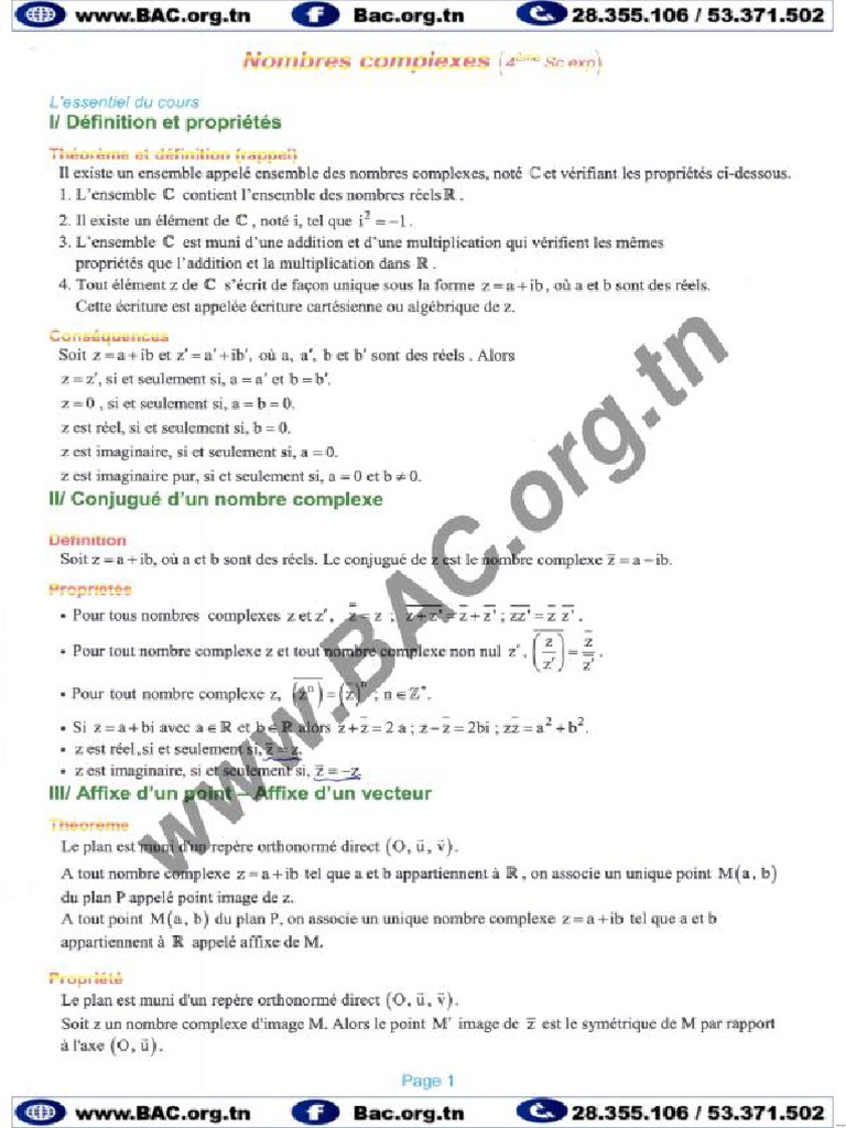 Resume de Cour Mathematique N°1 Le Nombre Complexe BAC - Org - .TN | PDF