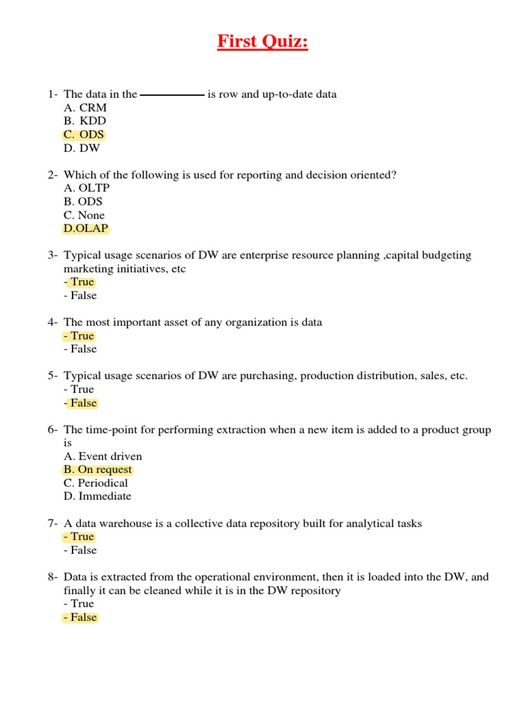 First Quiz | PDF | Data Warehouse | Data Model