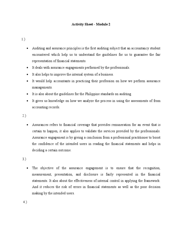 Activity Sheet - Module 2 Assurance | PDF | Audit | Internal Control
