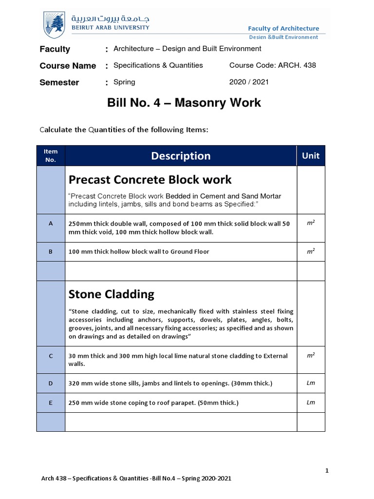 Bill No 4 - Masonry Work | PDF