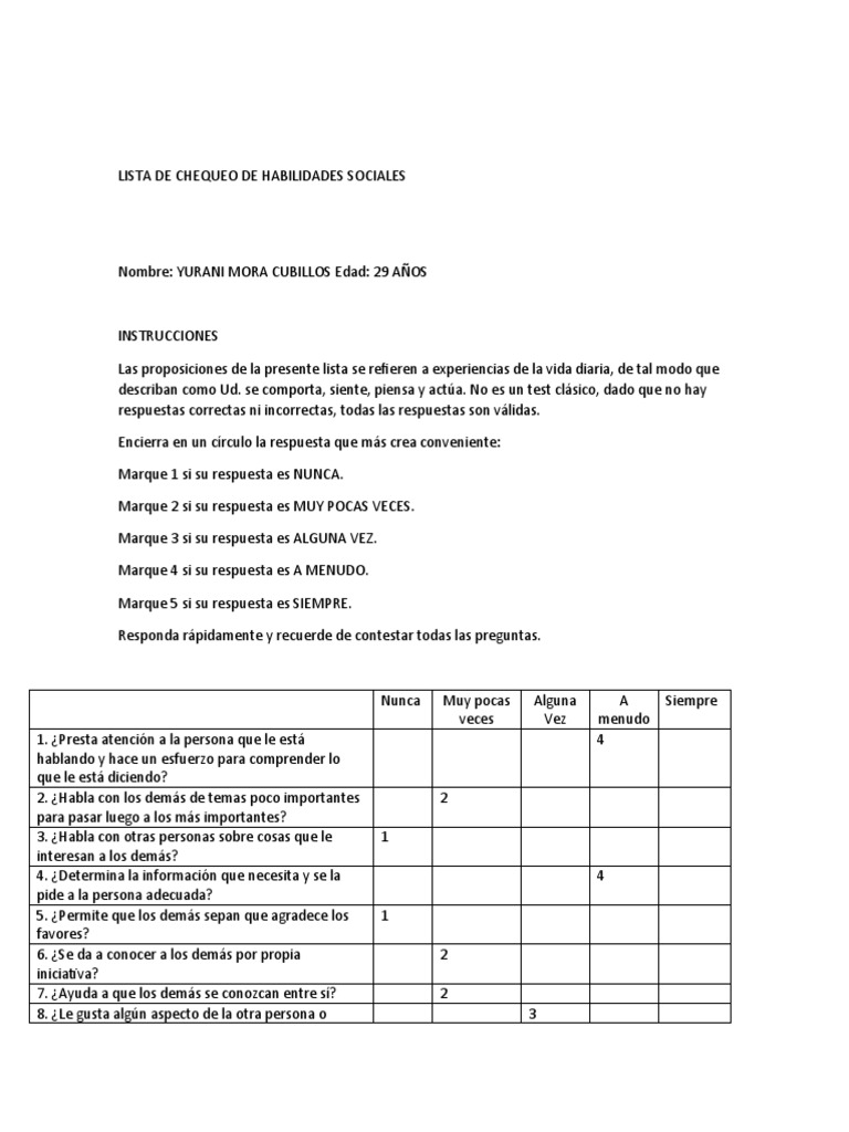 Lista de Chequeo de Habilidades Sociales | PDF | Sicología