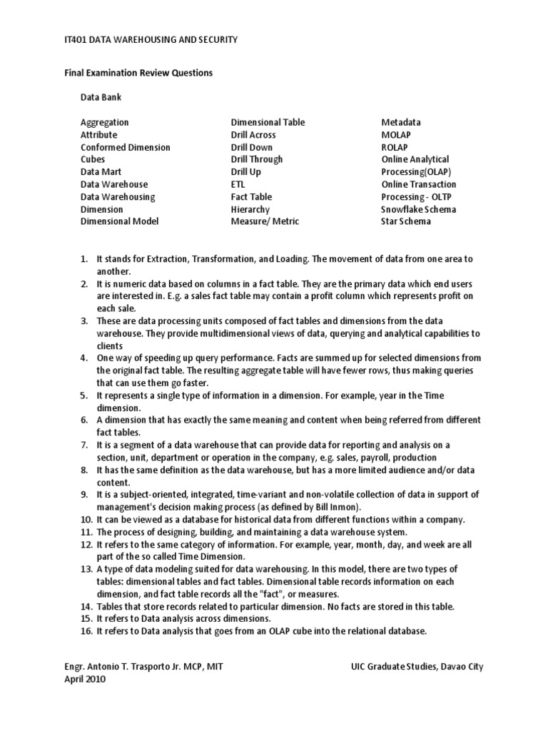 Data Warehousing Final Exam | PDF | Data Warehouse | Information Management