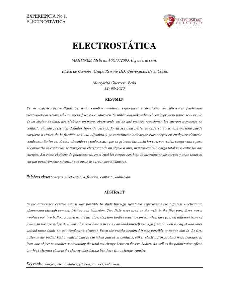 Informe 1 Electrostatica | PDF | Carga eléctrica | Electrostática