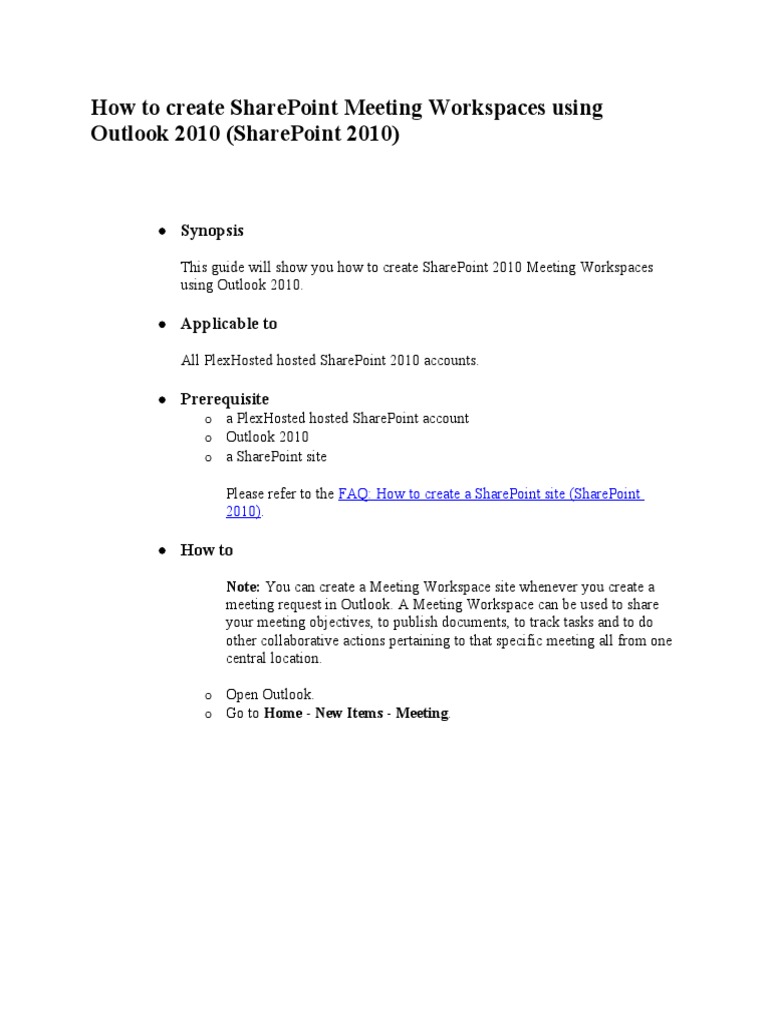 How To Create SharePoint Meeting Workspaces Using Outlook 2010 | PDF ...