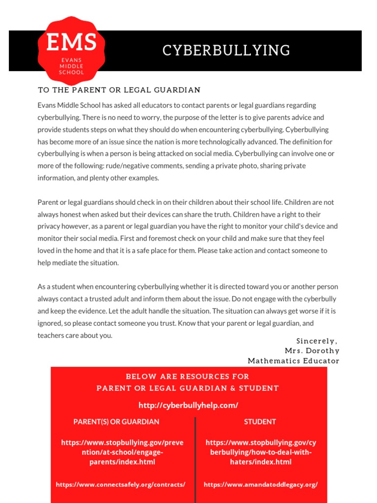 Cyberbullying Letter To Parents 1 | PDF | Cyberbullying | Parent