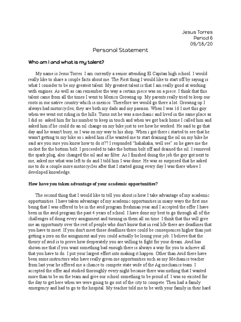 Jesus Torres - Personal Statement Student Version | PDF | Self ...