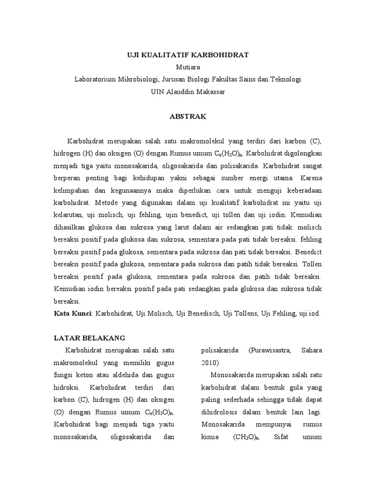 Uji Kualitatif Karbohidrat Biokimia Mutiara | PDF