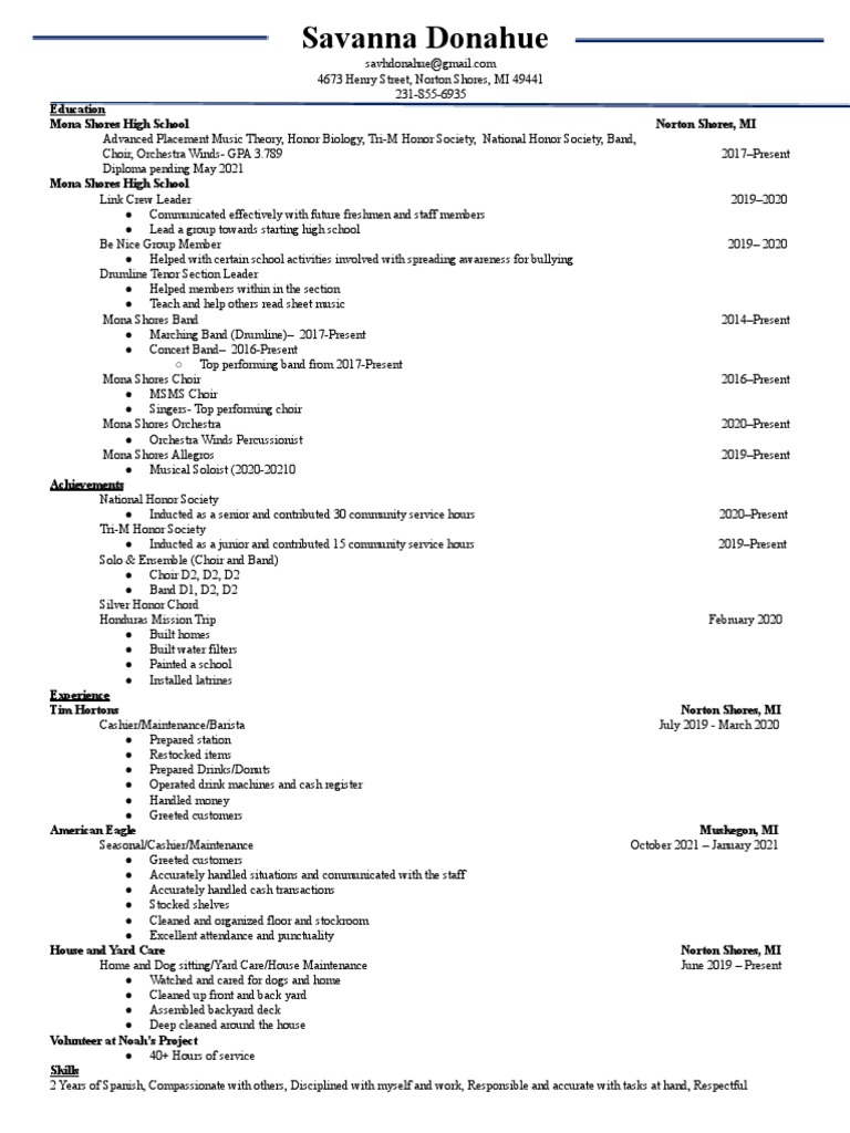 Savanna Donahue Resume | PDF | Performing Arts | Entertainment (General)