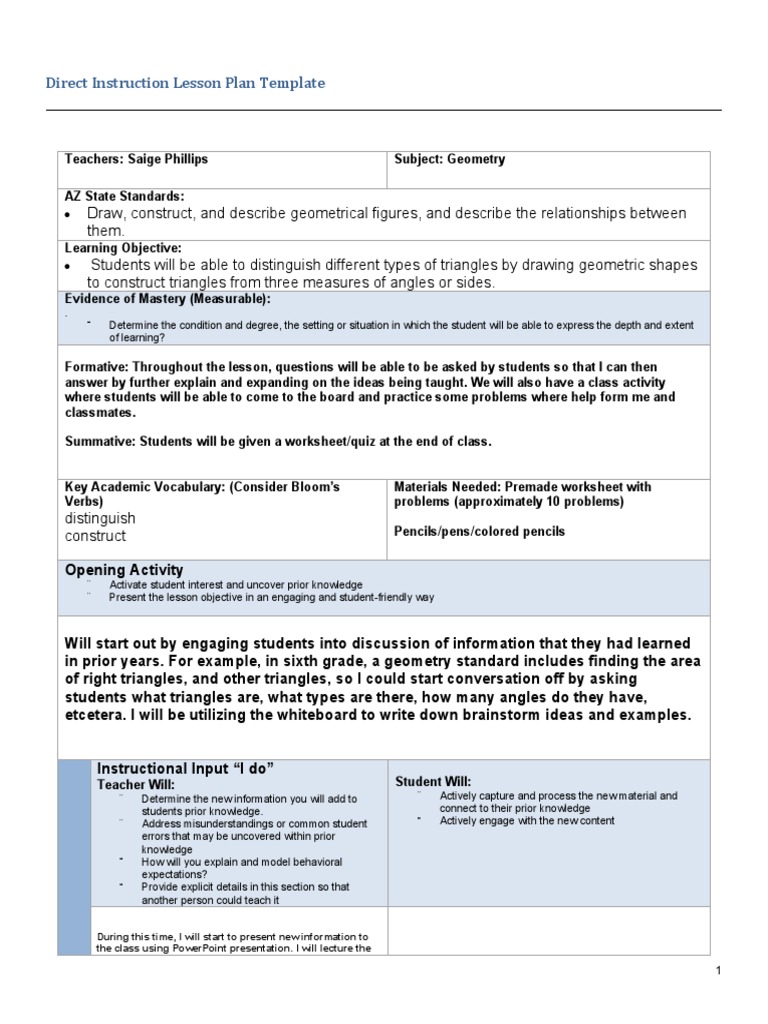 Direct Instruction Lesson Plan 1 | PDF | Lesson Plan | Educational Assessment
