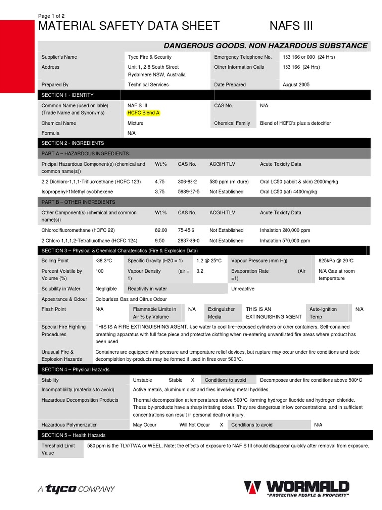 Material Safety Data Sheet Nafs Iii: Dangerous Goods. Non Hazardous ...