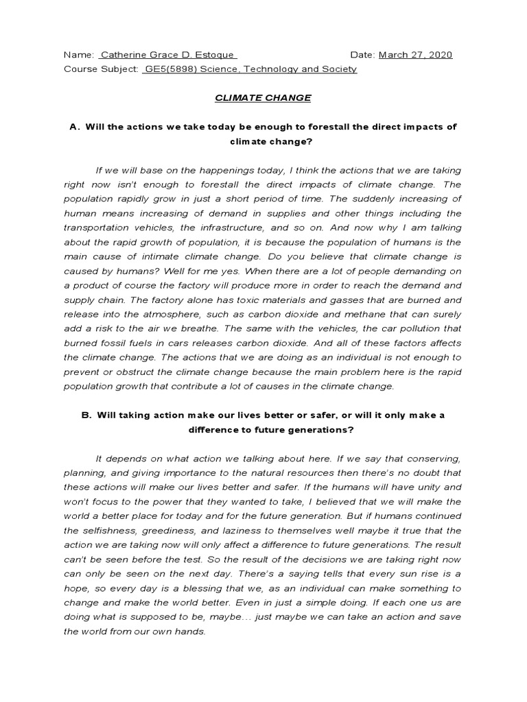 CLIMATE CHANGE Essay | PDF | Climate Change | Global Environmental Issues