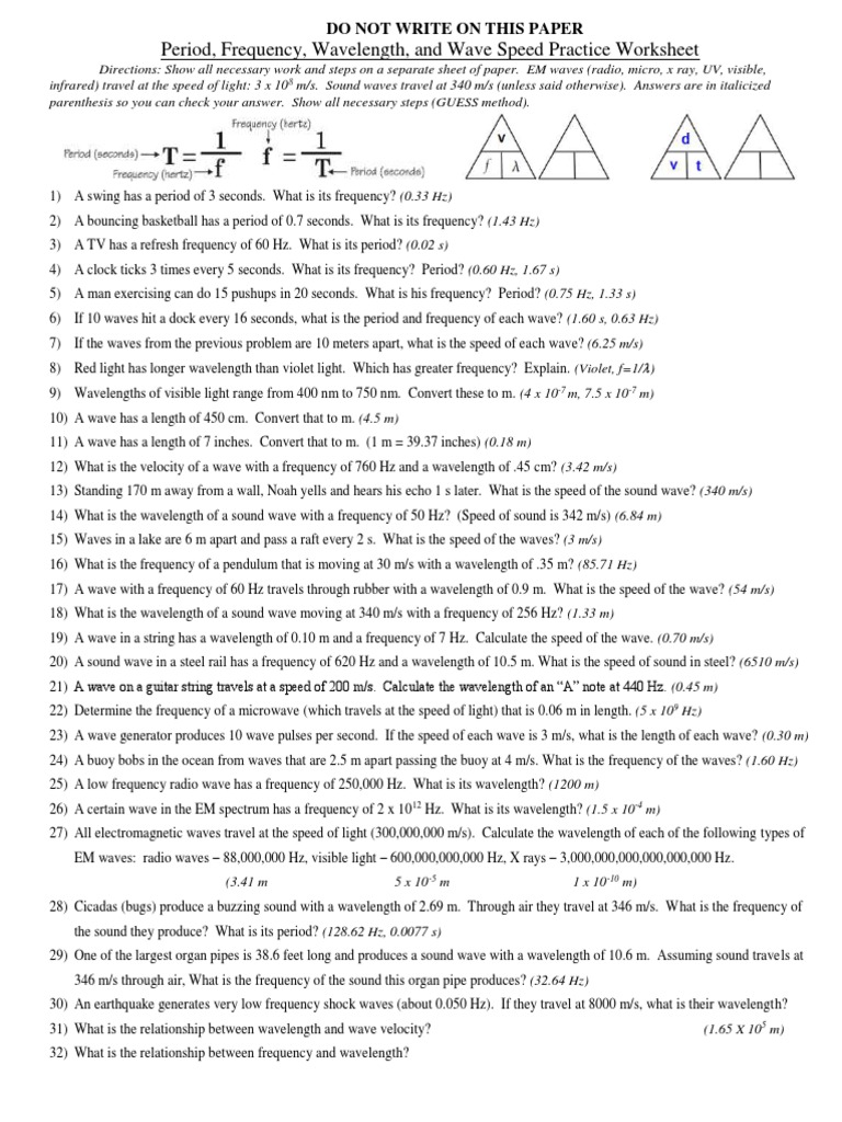 Period, Frequency, Wavelength, and Wave Speed Practice Worksheet | PDF ...