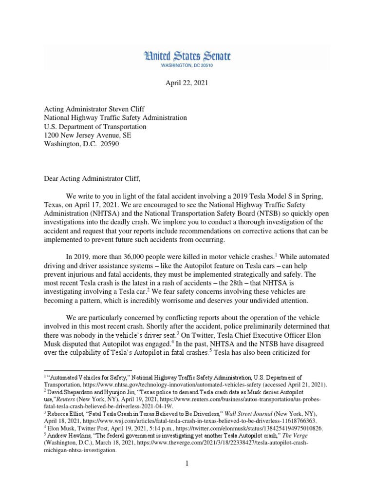 2021 - 04 - 22 Letter To NHTSA Re Tesla Crash - FINAL | PDF | Land ...