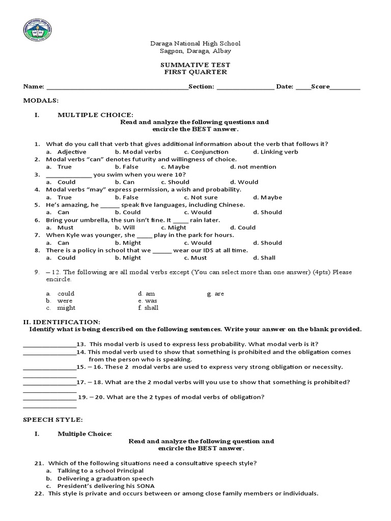 Summative Test Modals and Speech Styles | PDF | Verb | Language Mechanics