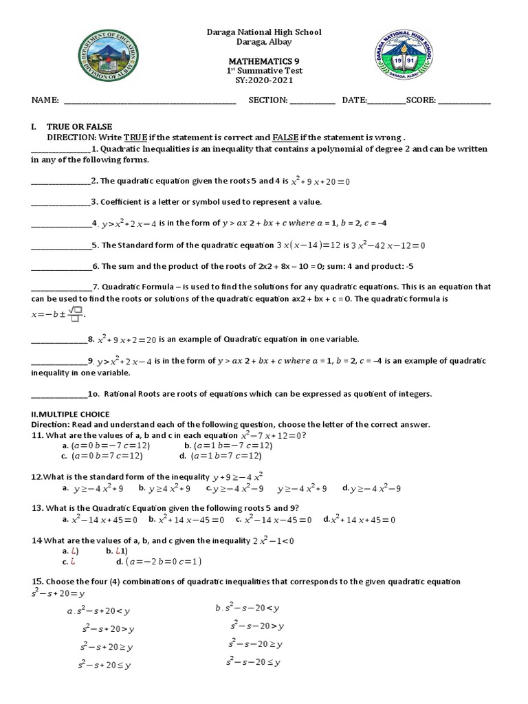Mathematics 9 1st Summative Test: Exploring Quadratic Equations and ...