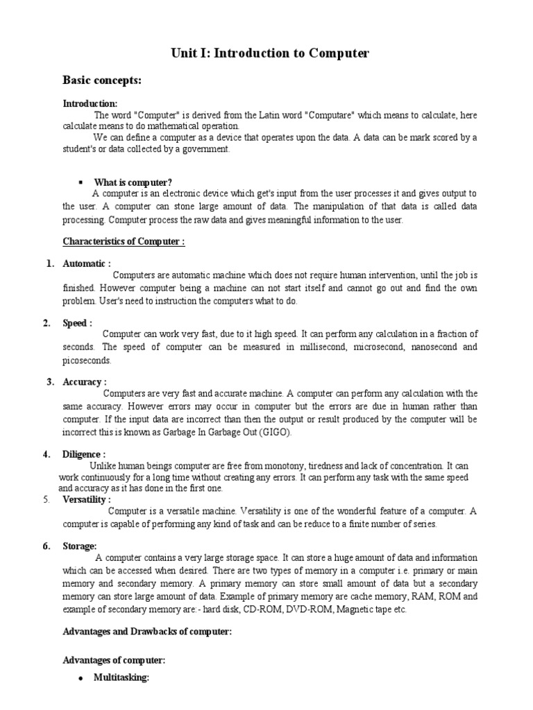 Unit I: Introduction To Computer: Basic Concepts | PDF | Central ...