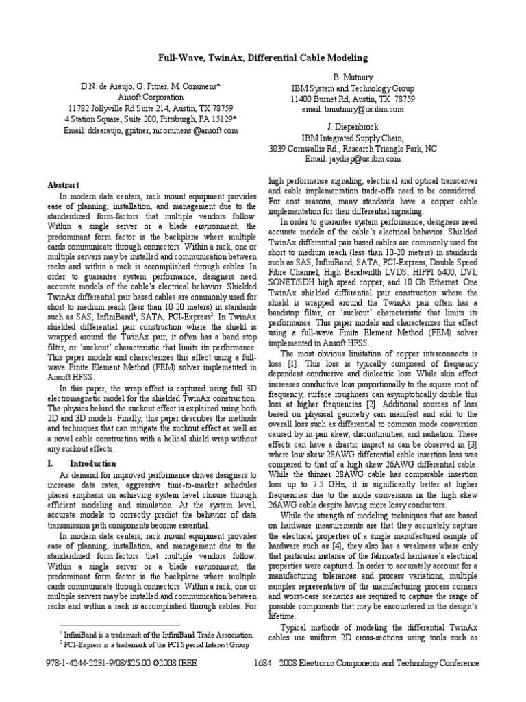 Full-Wave, TwinAx, Differential Cable Modeling 2008 | PDF ...