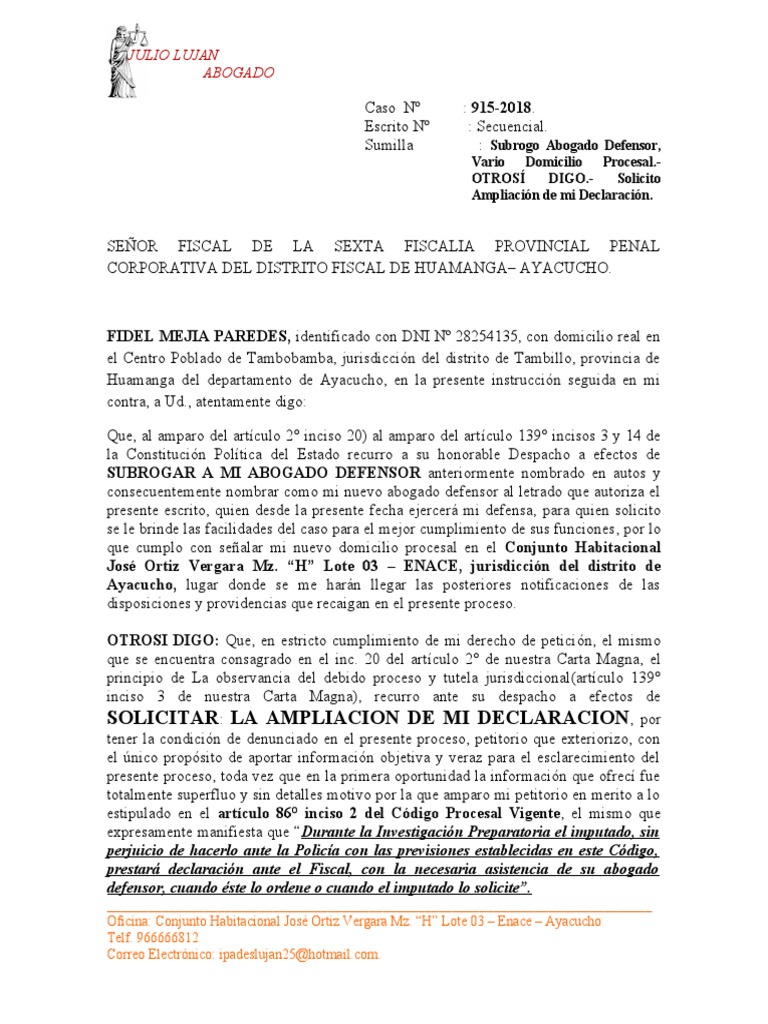 Subrogo Abogado Defensor de Fidel Mejia Paredes | PDF | Jurisdicción | Debido al proceso
