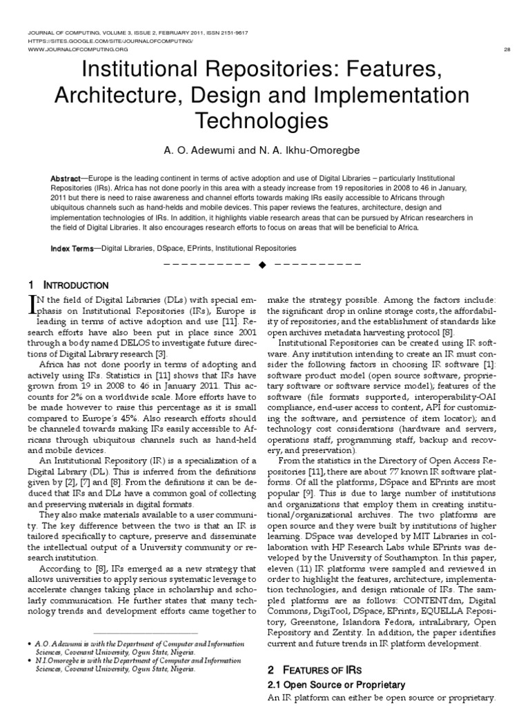 Institutional Repositories: Features, Architecture, Design and ...