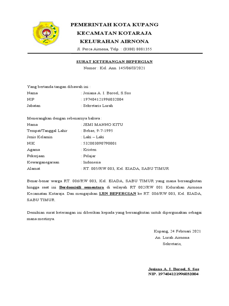 Surat Keterangan Bepergian Airnona | PDF