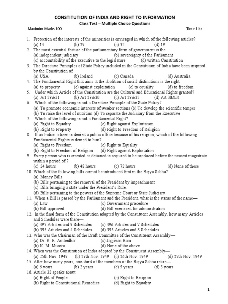 MCQ Indian Constitution | PDF | Tests | Government Of India