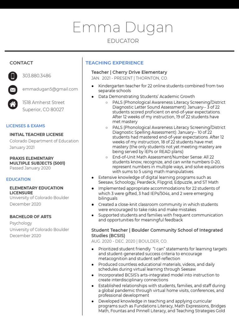 Emma Dugan Resume | PDF | Literacy | Teachers