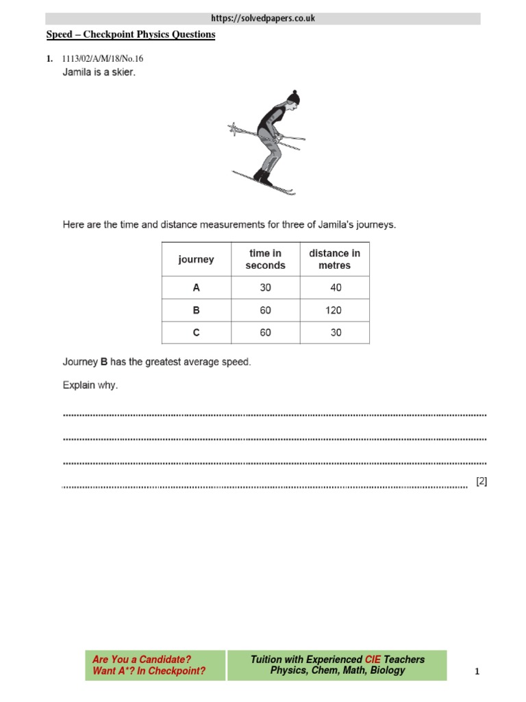 Speed - Checkpoint Physics Questions: 1. 1113/02/A/M/18/No.16 | PDF