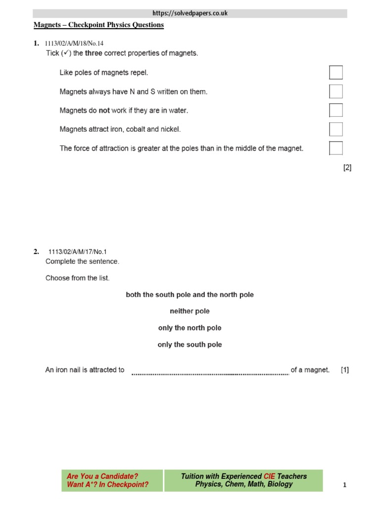 Magnets - Checkpoint Physics Questions 1.: 1113/02/A/M/18/No.14 | PDF ...