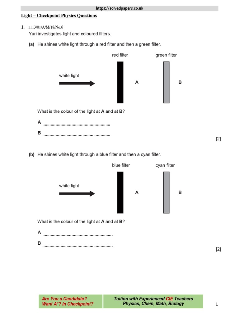 Light - Checkpoint Physics Questions 1.: 1113/01/A/M/18/No.6 | PDF ...