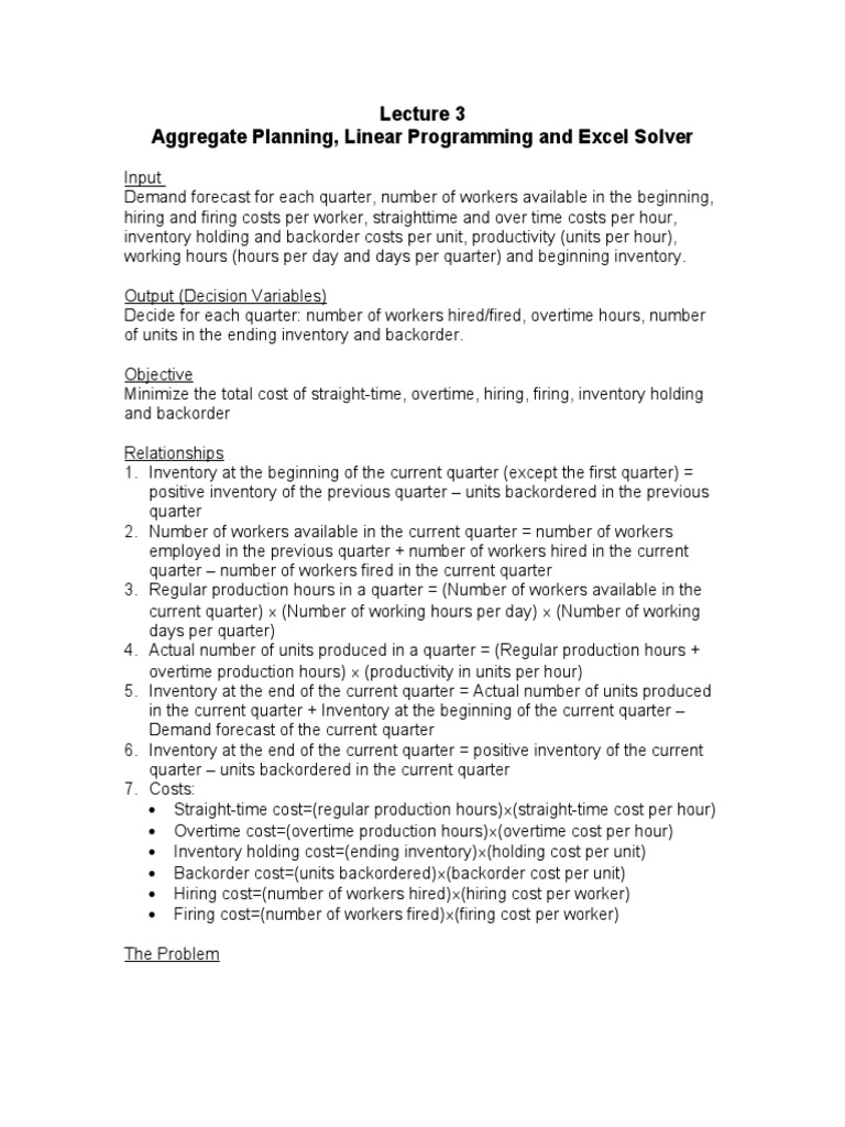 Aggregate Planning, Linear Programming and Excel Solver | PDF | Overtime | Inventory