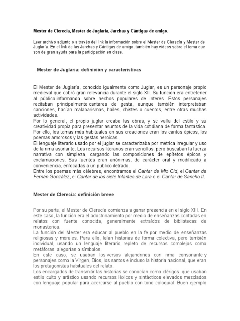 Diferencias Mester Clerecía y Juglaría | PDF | Poesía