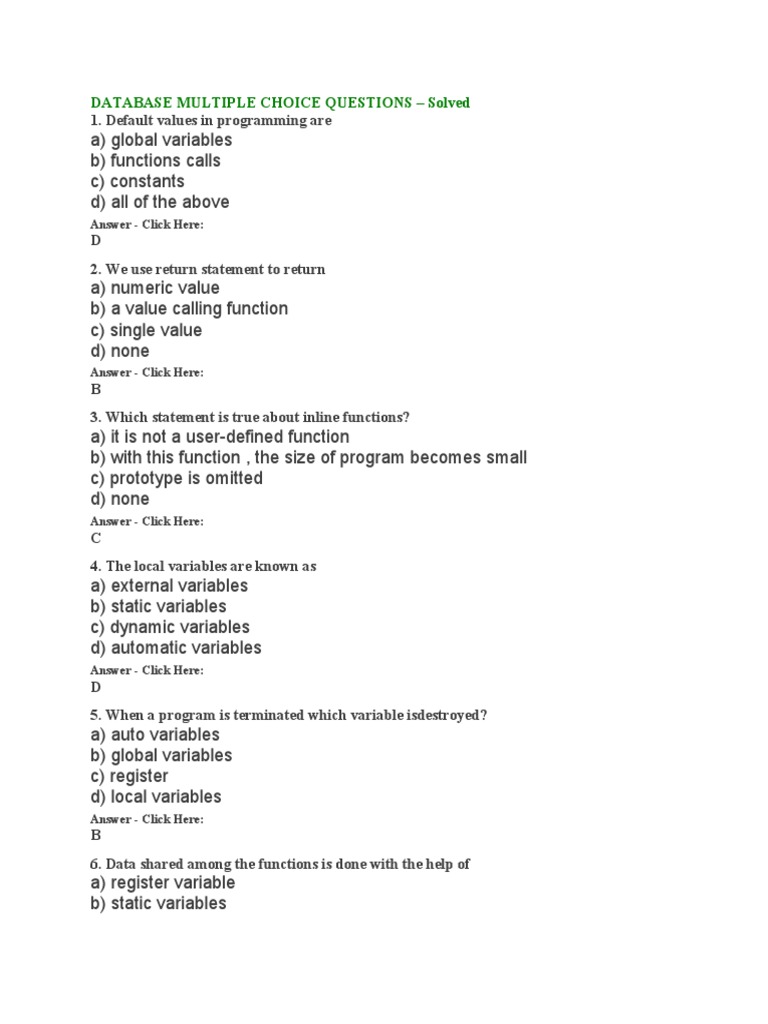 Database MCQs with Answers | PDF | Subroutine | Array Data Structure