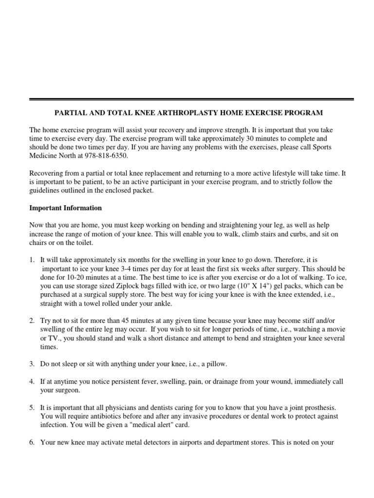 Partial and Total Knee Arthroplasty Home Exercise Program | Download ...