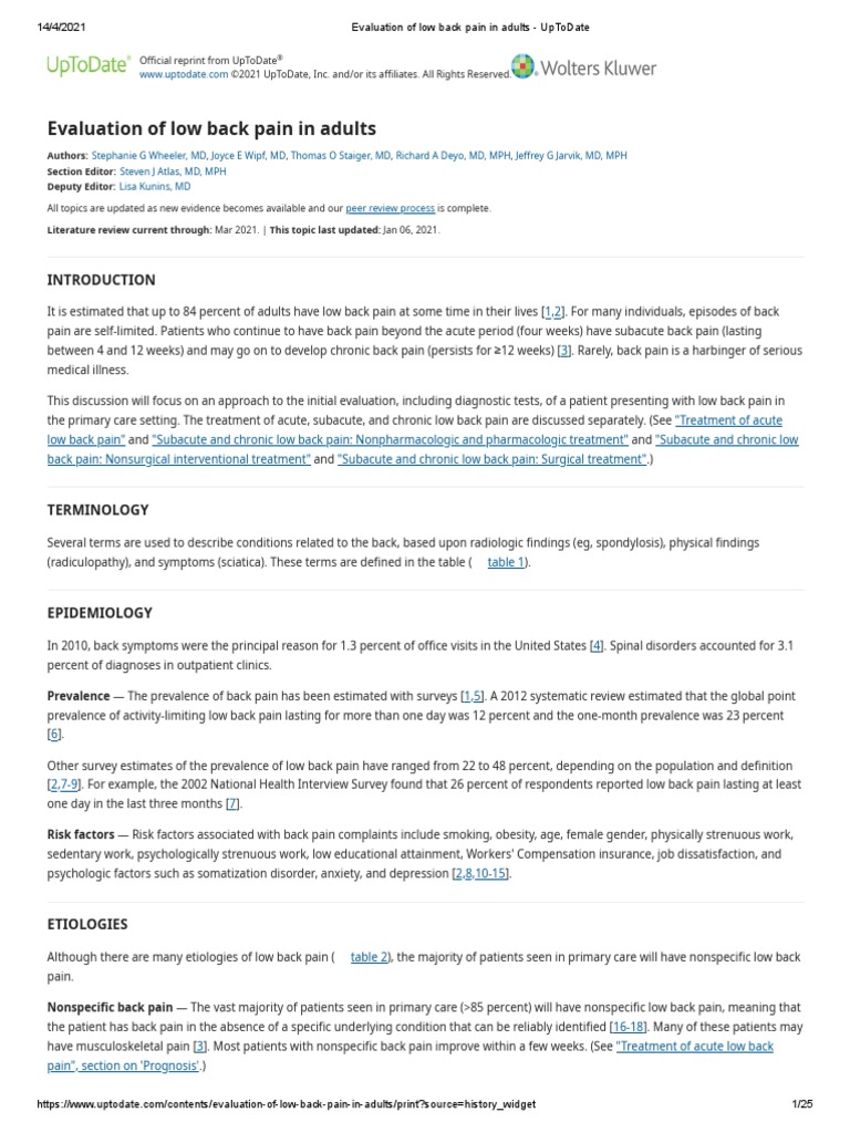 Evaluation of Low Back Pain in Adults - UpToDate | PDF | Back Pain ...