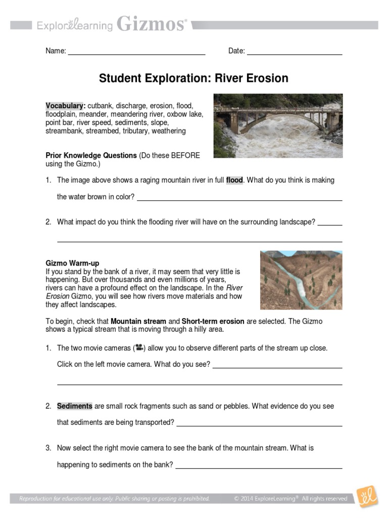 Student Exploration: River Erosion: Vocabulary: Cutbank, Discharge ...