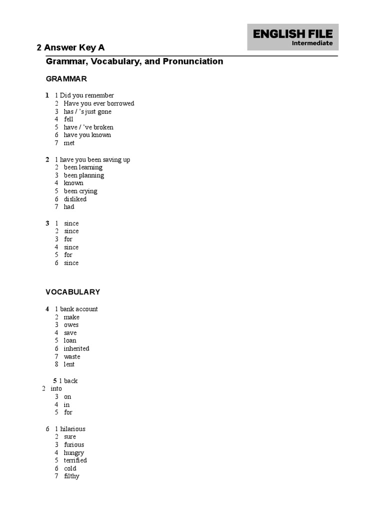 2 Answer Key A Grammar, Vocabulary, and Pronunciation | PDF | Speech ...