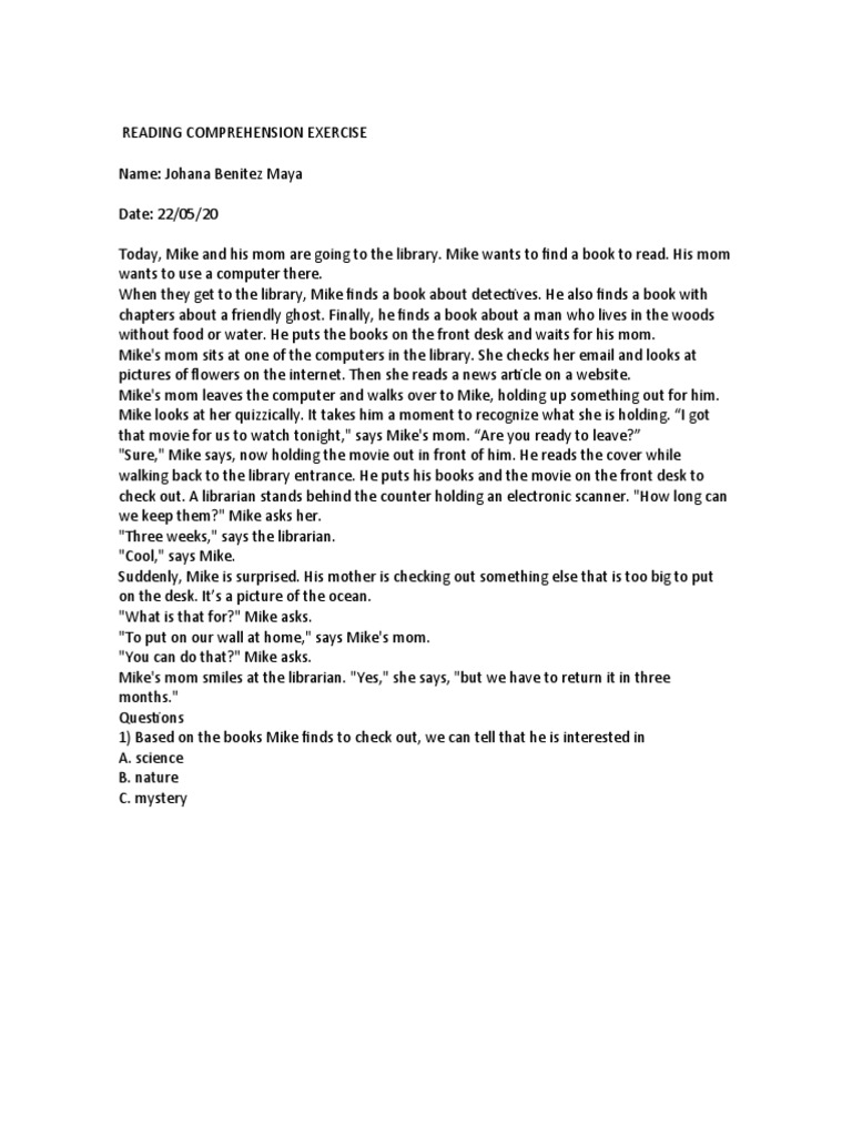 Library Reading Comprehension Exercise Pdf Books Libraries