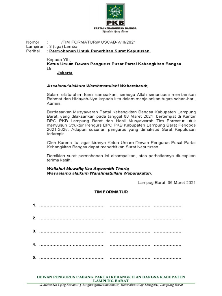 Permohonan Penerbitan SK Pengurus PKB | PDF