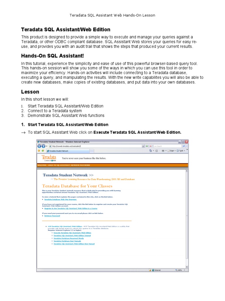 Teradata Sql Assistant Web Hands On Lesson Pdf Microsoft Access