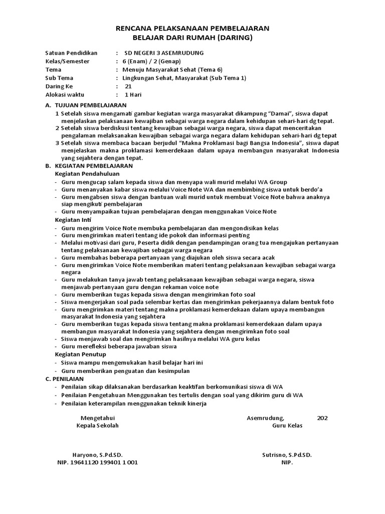 Contoh RPP Daring Kelas 6 | PDF