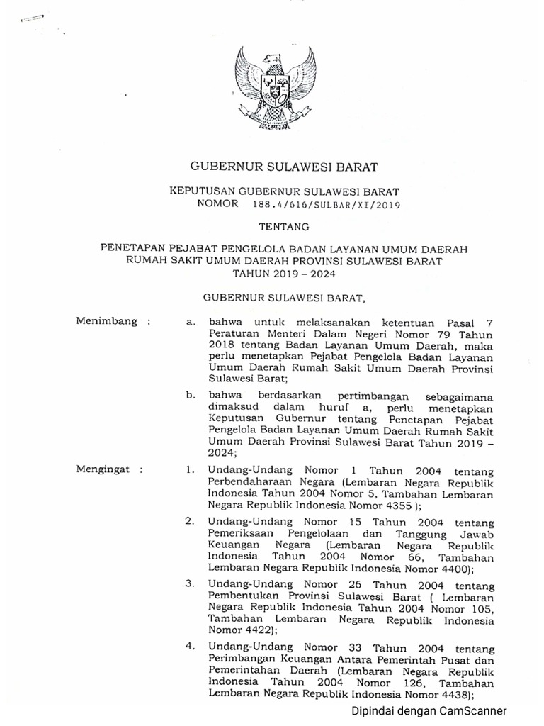 SK Penetapan Pejabat Pengelola BLUD RSUD Prov Sulbar | PDF