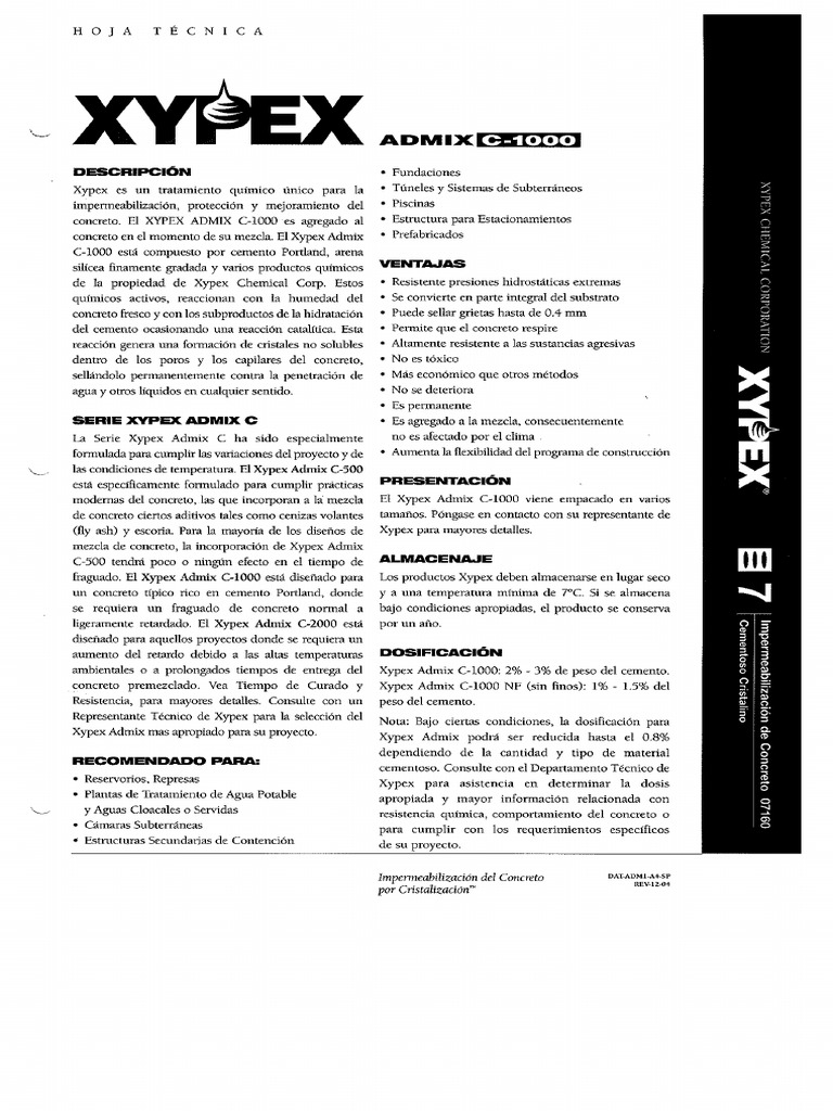 Ficha Tecnica Xypex Admix | PDF