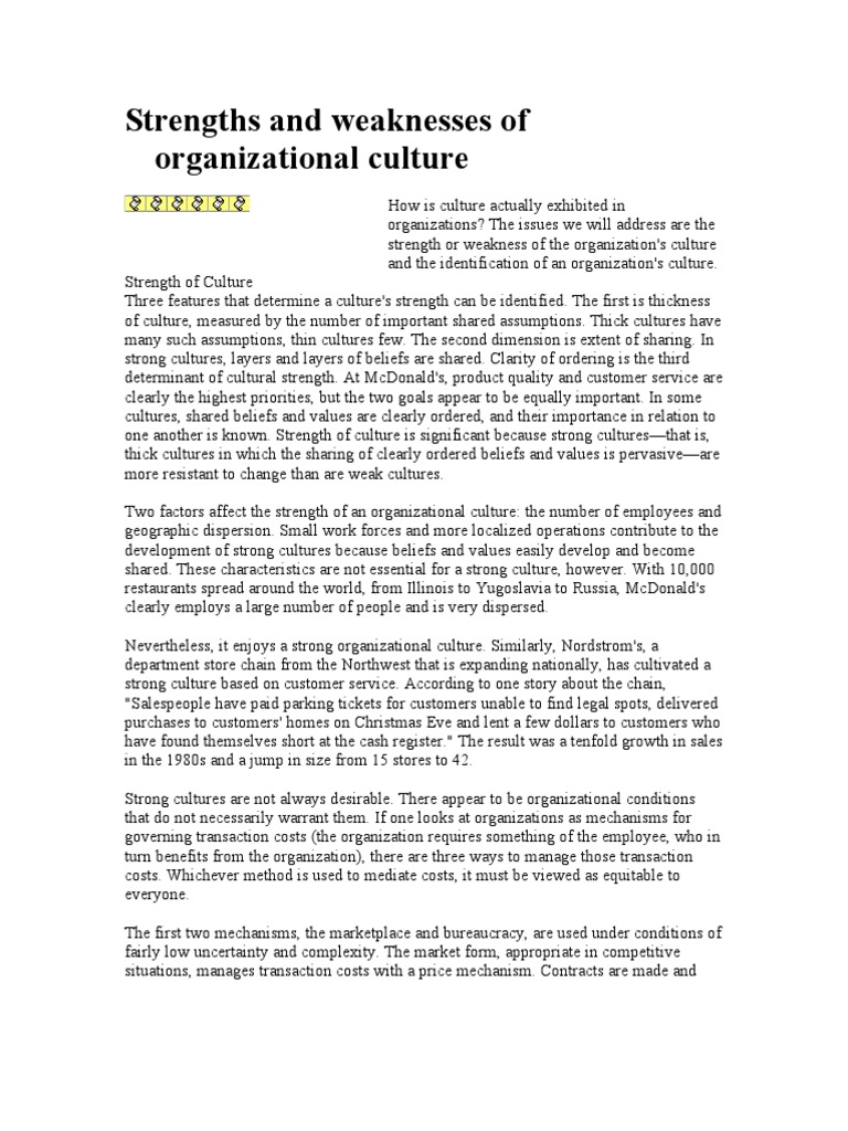 Strengths and Weaknesses of Culture | PDF | Organizational Culture ...