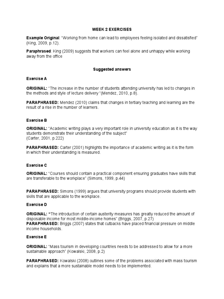 WEEK 2 EXERCISES Paraphrasing Suggested Answer | PDF