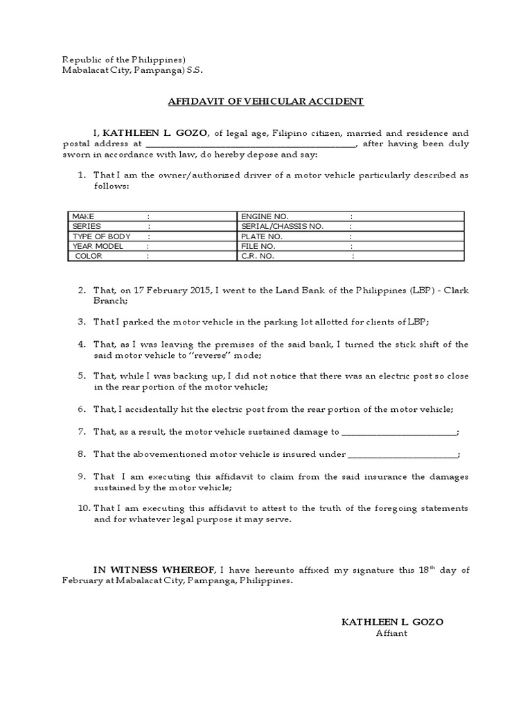 Affidavit of Vehicular Accident | Download Free PDF | Affidavit | Vehicles