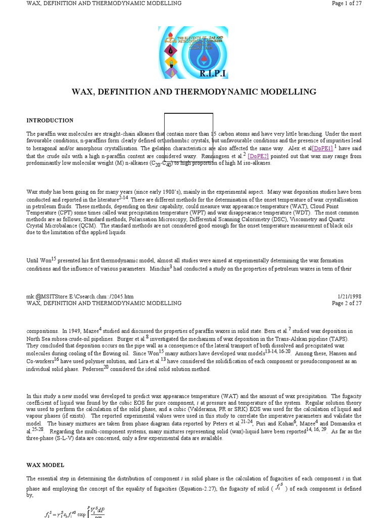 Wax Definition and Thermodynamic Modelling | PDF | Alkane | Petroleum
