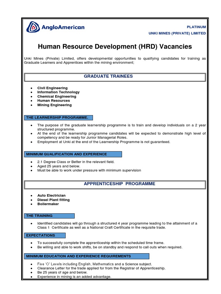 Unki Mines Graduate Trainee & Apprentice Roles | PDF | Apprenticeship ...